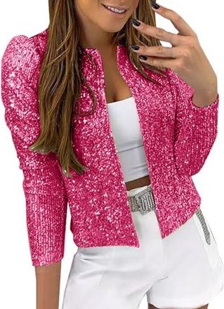 Generic Cardigan thermique &agrave; paillettes scintillantes pour femme, rose vif, S