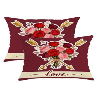 Generic 2er Set Rosenkissenbez&uuml;ge Romantische Moderne Pfeile mit Valentinstag Schleife Bordeaux Kissenbez&uuml;ge mit Verstecktem Rei&szlig;verschluss f&uuml;r Zuhause Wohnzi