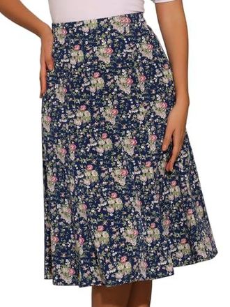 Allegra K Femme Jupe Mi-Longue Imprimée Paysanne à Taille Élastique Bleu Marin S
