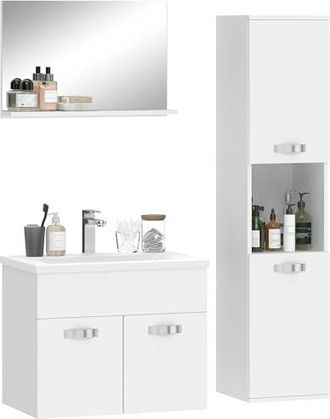 Kleankin Ensemble de Meubles de Salle de Bain 4 pi&egrave;ces, Montage Mural, avec Miroir, Meuble sous Vasque, lavabo en c&eacute;ramique et Armoire Colonne Haute, &eacute;tag&egrave;res 