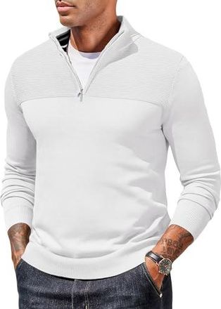 Coofandy Pull en Tricot pour Homme 1/4 Zip Pull dhiver Pulls à Manches Longues Décontractés Pullover Sweater Blanc XXL