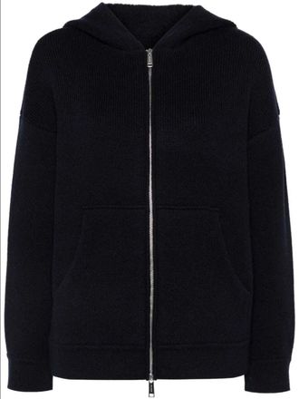 Self Portrait Navy Rib Knit Zip Front Hoodie Size S