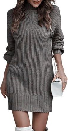 Generic Mini robe pull &agrave; col roul&eacute; et manches longues en tricot c&ocirc;tel&eacute; chaud extensible et manches chauve-souris surdimensionn&eacute;e pour lhiver, gris fonc&eacute;, L