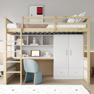 Merax Hochbett 90x200 cm, integriertem Schreibtisch mit Stauraum, Kleiderschrank und Schubladen, multifunktionales Kinder- und Jugendbett aus Holz, platzspa