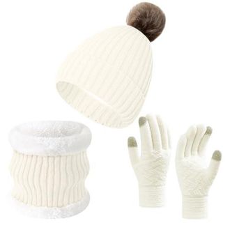 Generic Ensemble de bonnet, gants et &eacute;charpe dhiver pour femme, chaud et doux avec doublure en polaire &eacute;paisse, bonnet t&ecirc;te de mort, ensemble tricot&eacute; dhiver, 