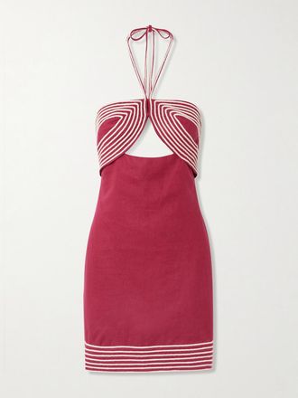 Andres Otalora De Coco Neckholder-minikleid Aus Leinen Mit Stickereien - Burgunder