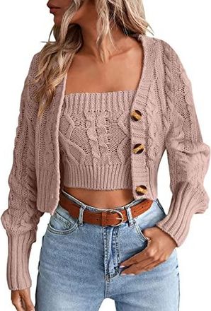 Generic Bol&eacute;ro court, cardigan en tricot torsad&eacute; pour femme, cardigan tendance boutonn&eacute; et haut tube, cardigan classique &agrave; manches longues, v&ecirc;tements dext&eacute;rie