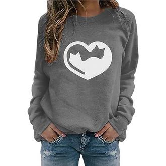 Generic 2026 Sweat-shirt &agrave; capuche d&eacute;contract&eacute; &agrave; manches longues pour femme Motif chat pour lautomne et lhiver, gris, L