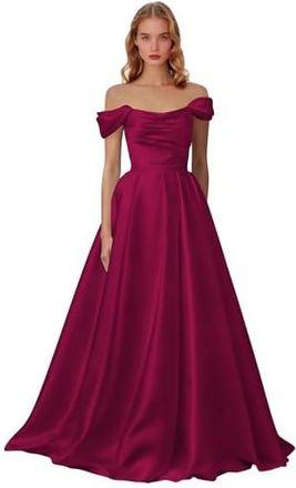 Generic Robe de bal longue fronc&eacute;e en satin &agrave; &eacute;paules d&eacute;nud&eacute;es pour femme avec poches, fuchsia, 36