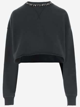Golden Goose Womens Cotton Sweatshirt With Crystals Dark Grey Top