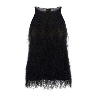 Giorgio Armani Lurex-Jersey-Top mit Fransen - - Tops - Damen - Blau - XS