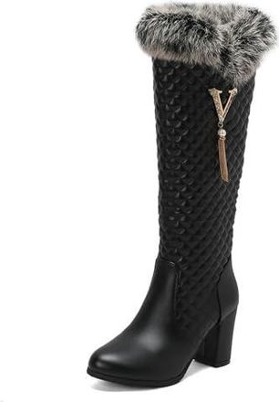 Generic Bottes de neige dhiver à talon bloc mi-haut pour femme - Bout rond - Confortables - Avec fermeture éclair latérale et décoration en métal, Noir, 39.5 