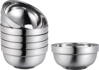 BESTONZON 13 cm Doppelschicht Edelstahl Schalen Anti-heiße Isolierte Schüssel Suppe Schüssel Familie Geschirr Reis Schüsseln (6pcs)