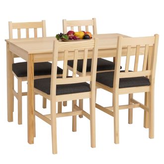 Mendler Esszimmer-Set HWC-F77, Sitzgruppe Esszimmergruppe, Massiv-Holz Kiefer Stoff Landhaus 110cm - Natur Polster schwarz