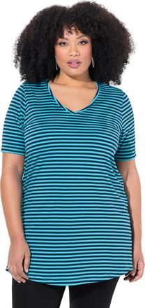 Ulla Popken Damen große Größen Übergrößen Plus Size Longshirt, Streifen, A-Linie, V-Ausschnitt, Halbarm tiefes Aqua 62+ 829563740-62+