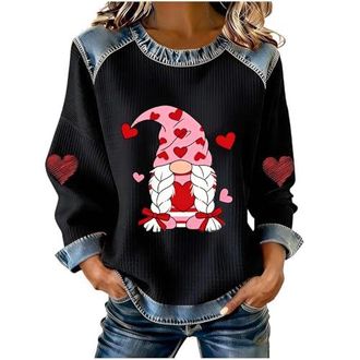 Generic Sweat-shirt de Saint-Valentin pour femme en denim vintage patchwork sweatshirts dr&ocirc;le mignon coeur gnome graphique chemise en jean gaufr&eacute; &eacute;pissure col