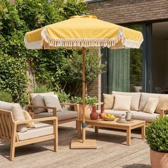 Sweeek Parasol HOSSEGOR droit &agrave; franges 2m. ocre. acier. m&acirc;t effet bois. UPF 30+. D 200 x H 225 cm