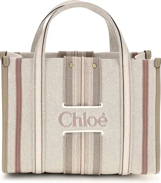 Chlo&eacute; Womens Tote Bag Small Woody Loop Nude Canvas Cotton Shoulder