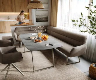 DELIFE Esszimmerbank Taya-Flex 285x190 cm Mikrofaser Taupe Vintage Kufengestell flach Effektfinish Titan Taschenfederkern Rechts, Eckb&auml;nke
