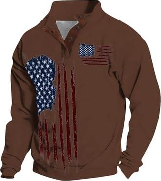 Generic Pull à col rond pour homme - Style décontracté - Imprimé 3D - Col montant - Bouton - Manches longues - Pull dhiver - Coupe ajustée, café, XL