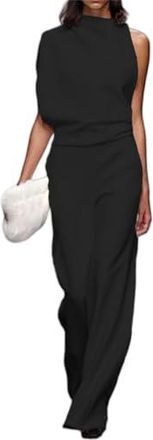 Generic Combinaison &eacute;l&eacute;gante et &eacute;l&eacute;gante &agrave; &eacute;paules d&eacute;nud&eacute;es et col en V pour femme, combinaison &agrave; une &eacute;paule de couleur unie, Noir, L