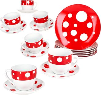 MamboCat Pula rot 18tlg Kaffeeservice I weißes Porzellan-Geschirr mit Punkten für 6 Personen I Je 6X Tassen 200ml, Untertassen & Teller für Frühstück & Kaffee