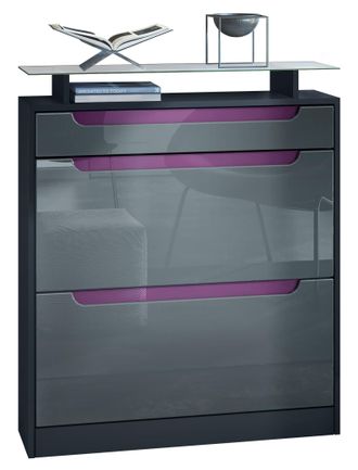 Vladon Schuhschrank Fiesta, Schwarz matt/Grau Hochglanz/Brombeer Hochglanz - Schuhkipper für 16 Paar Schuhe (89 x 104 x 23 cm)