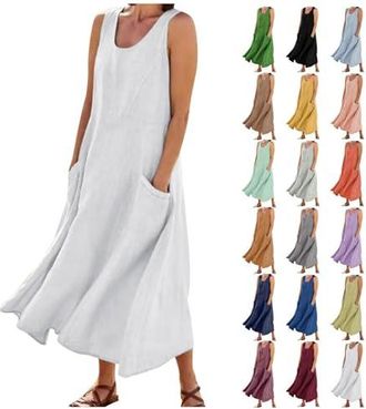 Generic Robe Longue Femme Lin en Coton Col Rond Ete Grande Taille Maxi Robe Fluide Chic et Elegant Lâche Couleur Unie avec Poches Robes de Vacances à la Plage