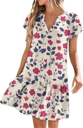 Generic Robes pour femme - Robe dété décontractée à manches courtes et col en V - Imprimé floral - Taille basse - Mini robe dété confortable pour les vacances