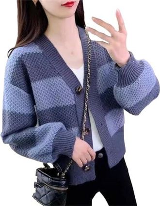 Generic Cardigan ray&eacute; en crochet pour femme - Esth&eacute;tique - L&eacute;ger - Pour le travail - Chic, Pull Bleu, Taille XL