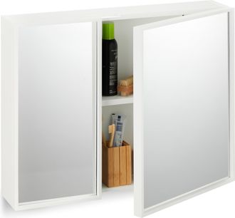 Relaxdays Spiegelschrank, 2-türig, Badschrank beidseitig verspiegelt, HBT: 50x65x15,5 cm, Badezimmer Hängeschrank, weiß