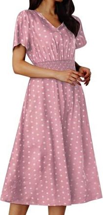 Generic Robe d&eacute;t&eacute; boh&egrave;me 2026 pour femme, robe de plage &eacute;l&eacute;gante &agrave; manches courtes avec ceinture, rose, XXL