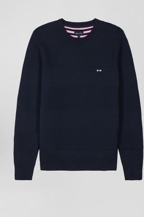 Eden Park Pull Col Rond En Coton Bleu Marine &Agrave; Jeux De Maille Coupe Regular