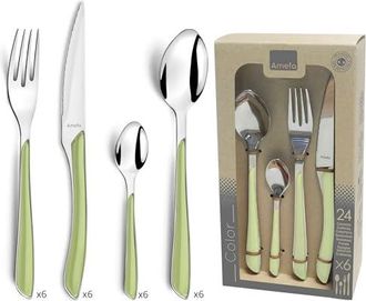 Amefa ECLAT Besteckset, 24-teilig, Besteck Set 6 Personen, Kunststoff Griffe in Pastellgrün, Spülmaschinenfest, Besteck aus rostfreiem Edelstahl