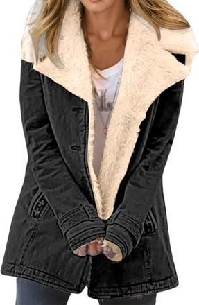 Generic Veste chaude doublée en peluche pour femme, col à revers, veste rembourrée Sherpa chaude en peluche, vêtements dextérieur pour temps froid, Noir, XXL