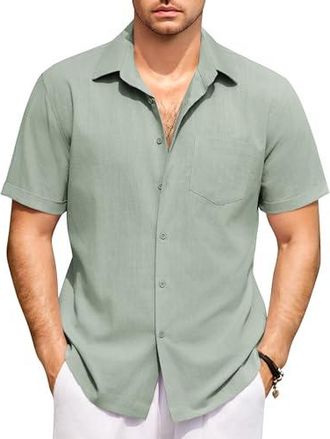 Coofandy Chemisette pour Homme Chemise Été pour la Plage Chemise Manches Courtes Chemise Lin Chemise Coton Chemises de Travail Boutonnées Vert Clair XXL