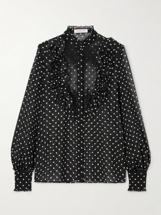 Valentino Garavani Bluse Aus Seidenchiffon Mit Polka-dots, Spitzeneinsatz Und R&uuml;schen - Schwarz