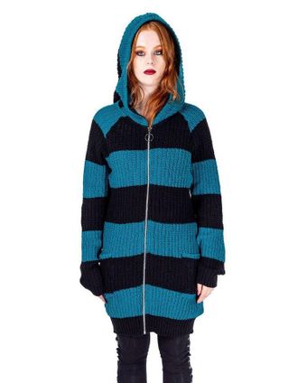 Poizen Industries Strickjacke Esther Cardigan Gr&uuml;n Schwarz Gestreift Grunge Punk Streifen