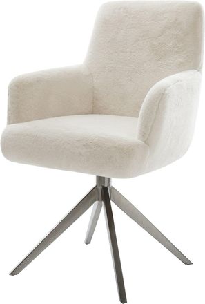 DELIFE Esszimmerstuhl Heira-Flex mit Armlehnen Kreuzgestell breit Graphit Pl&uuml;sch Creme-Wei&szlig; 360&deg; drehbar Wippfunktion Taschenfederkern