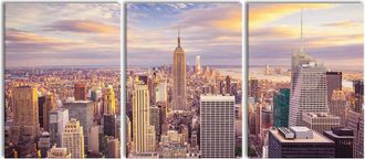 Pixxprint Skyline New York Sonnenuntergang als XXL Leinwandbild in Übergröße 180x80cm Gesamtmaß 3 teilig, Wandbild, Kunstdruck