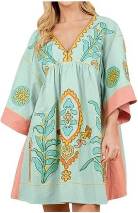 Generic Robe boh&egrave;me brod&eacute;e avec col et manches 3/4 pour femme, coupe ample, vert clair, XXL