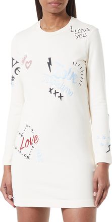 Love Moschino Damen Regular Fit Long-Sleeved with Prints and Embroideries & Sketches Dress, Cream, 44 EU