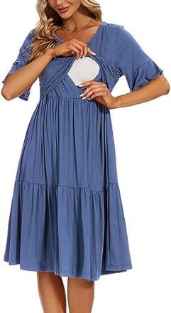 Smallshow Robe dallaitement à Manches Courtes à Volants pour Femme, Gris/Bleu, Taille XL