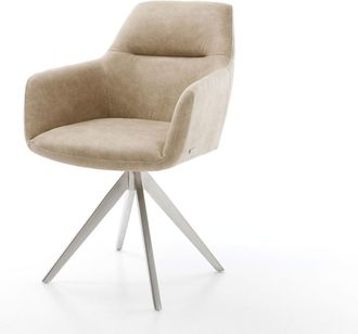 DELIFE Esszimmerstuhl Pejo-Flex Mikrofaser Beige Vintage Kreuzgestell kantig Edelstahl Taschenfederkern, Esszimmerstühle