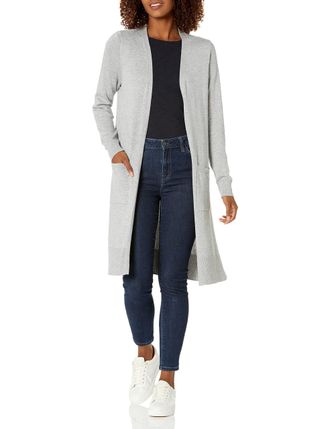 Amazon Essentials Damen Leichter, L&auml;nger Geschnittener, Lang&auml;rmliger Cardigan-Pullover Mit Offener Vorderseite (In &Uuml;bergr&ouml;&szlig;e Erh&auml;ltlich), Hellgrau Meliert, XXL