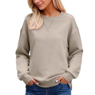 Generic 2026 Printemps Ourlet fendu Col Rond, Sweatshirt &agrave; manches longues D&eacute;contract&eacute; Coupe ample Pull Doux Chaud Automne Hiver Mode Couleur unie Haut, beige