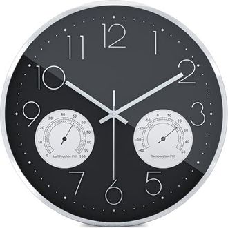 Mebus große Wanduhr mit hochwertigem Aluminiumrahmen ohne Tickgeräusche Dank präzisem Quarzuhrwerk I Anzeige von Temperatur und Luftfeuchtigkeit I 3D Ziffer