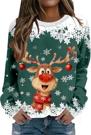 Generico Pull de No&euml;l pour Femme Dr&ocirc;le Moche Sweat-shirt en Coton avec Impression de T&ecirc;te de Cerf avec Col Rond pour Automne et Hiver D&eacute;guisement de No&euml;l Sweat