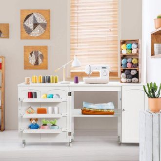 Costway Table de Couture Pliable, 3 Etag&egrave;res pour Bobines, Roulettes Verrouillables158 x 50 x 75cm (L x l x H) Blanc