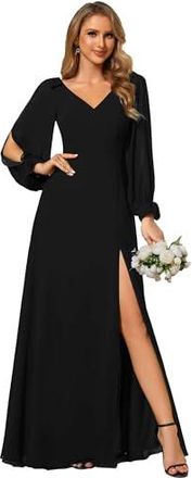 Ever-pretty Robe de Soirée Femme Longue Fendue Col en V Mousseline de Soie A Line Taille Empire Manches Longues Dos Nu uni Chic Noir 38